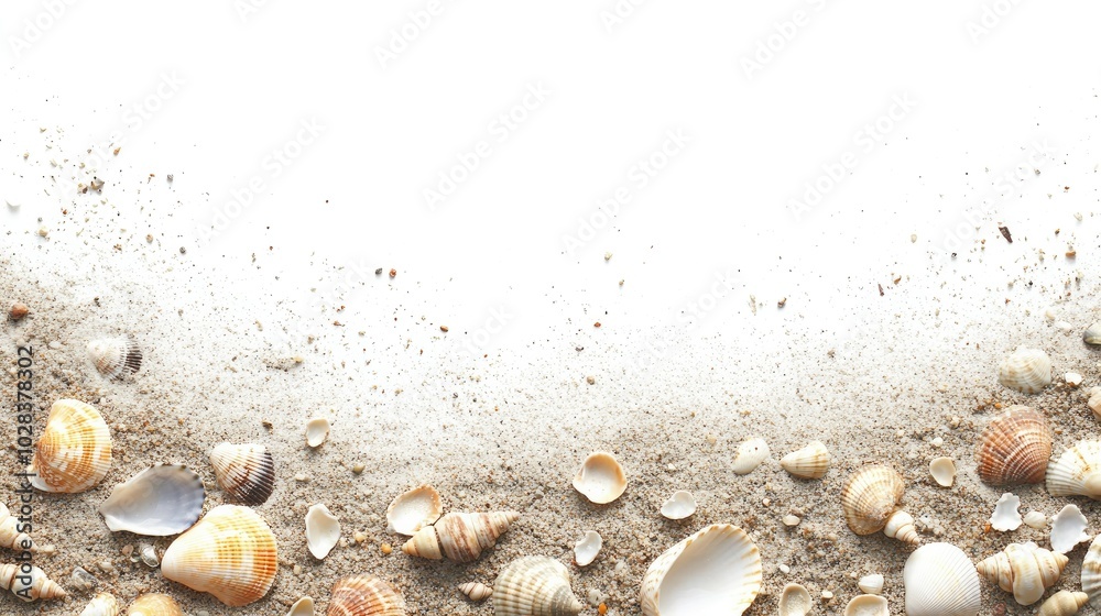 Soft sand with a range of seashells spread out on a blank white ...