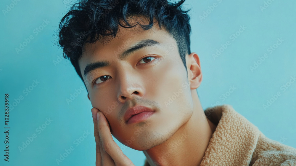 Asian man touch his face with his hand, showing his beautiful skin and ...