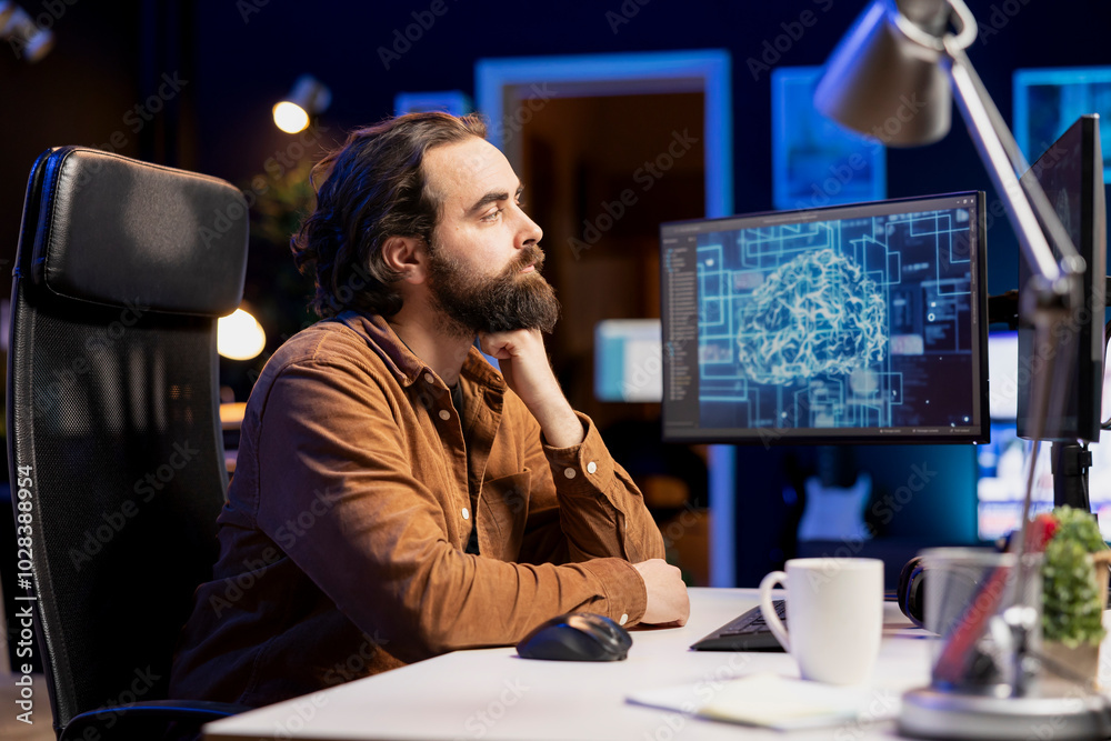 Computer scientist using PC to maintenance artificial intelligence neural networks simulating ...