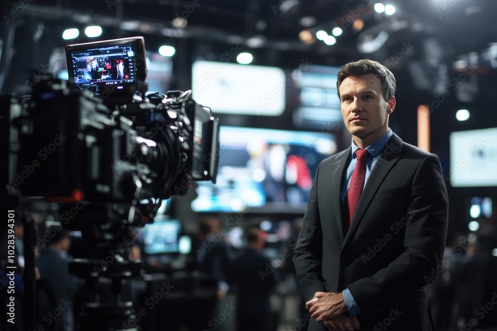 Professional man journalist telling day events at live reportage ...