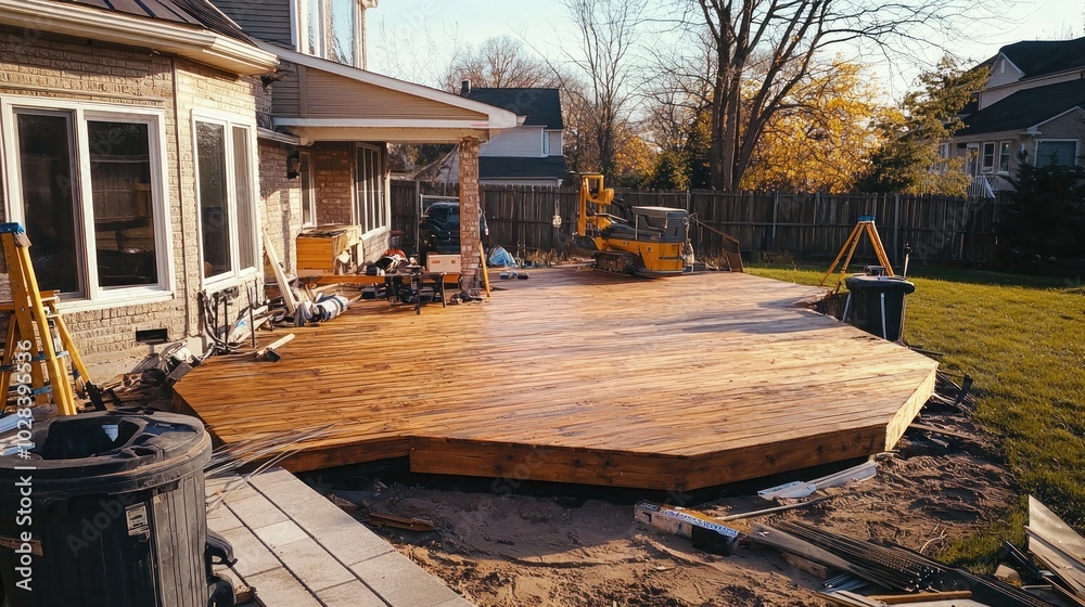 A contractor building a wooden deck in a backyard, showcasing tools and ...