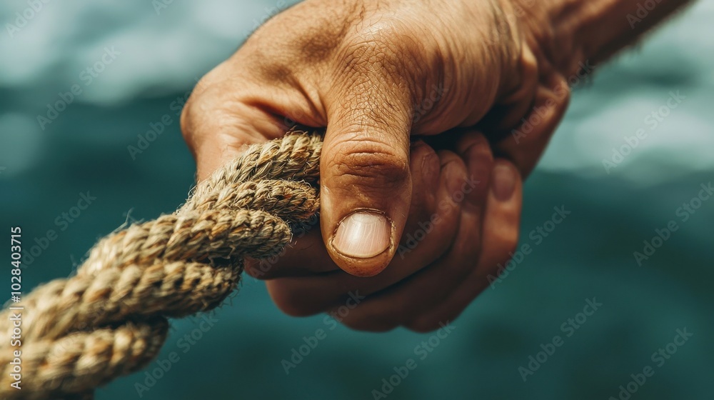 A hand reaching out to grasp a rope, with the rope made of interlocking ...