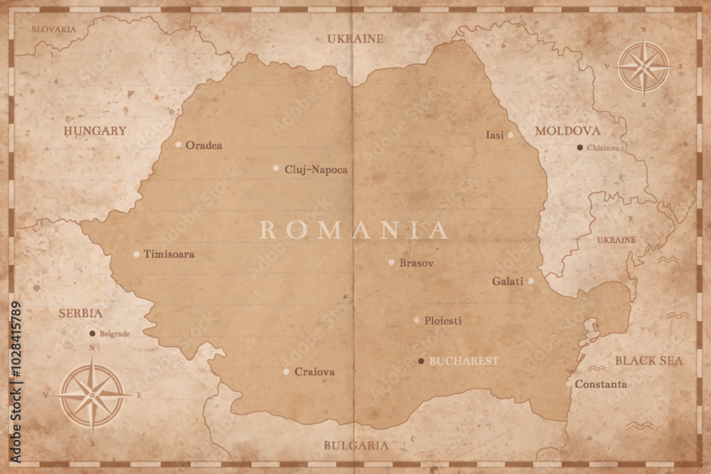 Romania vintage map with counties and national borders. Old Romania map ...