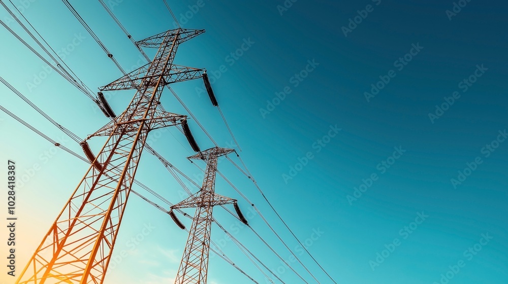 High voltage electrical transmission towers with power lines against a ...