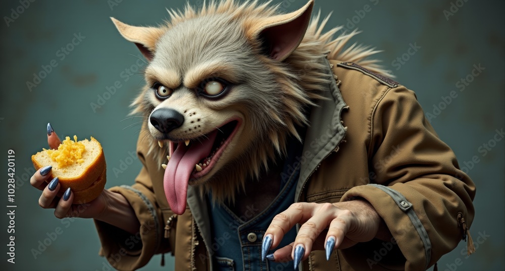 A goofy werewolf with shaggy fur and torn clothes, holding a half-eaten ...