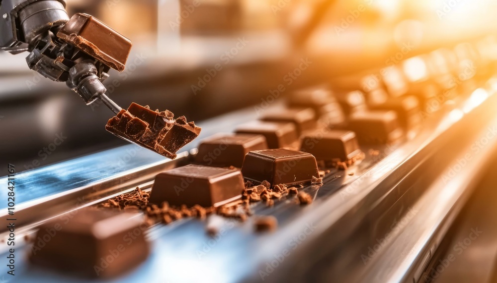Automated machine processing chocolate bars on a conveyor belt. Stock ...