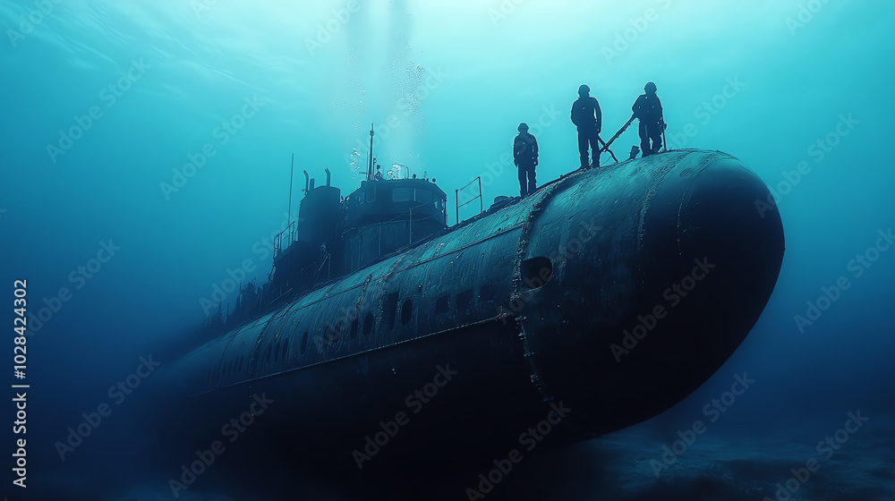 A submerged submarine in deep blue waters, showcasing the intricate ...
