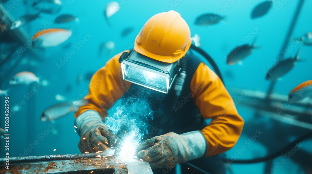 Underwater welder working amidst fish, showcasing skill and precision ...
