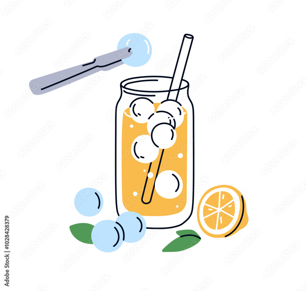 Cold lemonade, fizzy drink. Adding ice balls into cool chilled ...