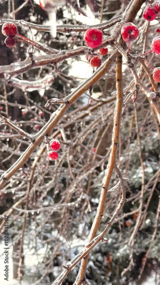 vertical video branches of a tree with red fruits, covered with ice and ...