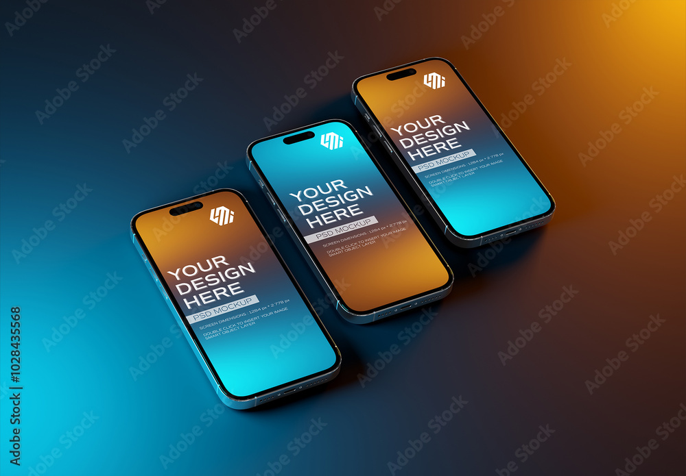 Three Mobile Phones On Black With Blue And Orange Lights Mockup Stock ...