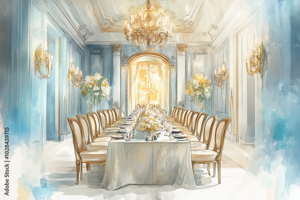 Royal banquet setup in a lavish dining hall in watercolor style Stock Photo | Adobe Stock
