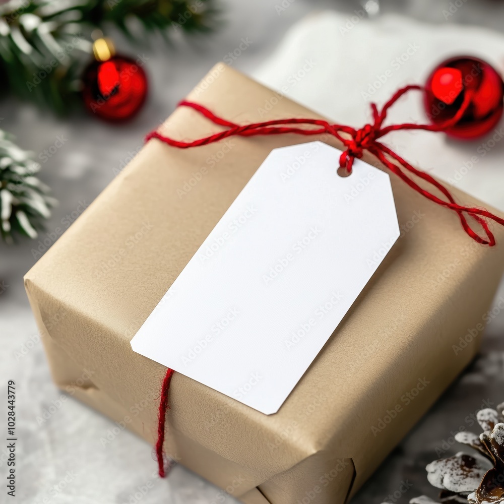 Christmas white gift tag mockup. Blank recrangular favor tag with bow ...