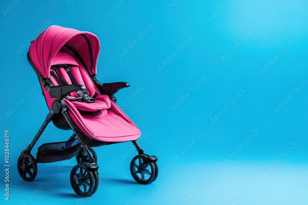 Bright pink baby stroller accessories rest on a clean solid blue ...