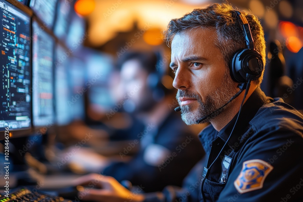 man wearing a headset and a red and white patch on her jacket. Inside a ...