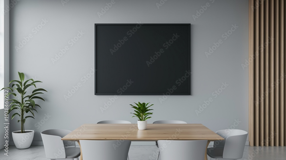 Blackboard screen mockup in corporate meeting room. Information display ...