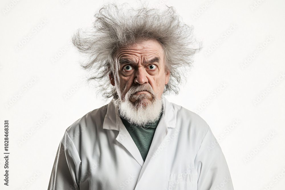 Portrait of a mad scientist with wild hair wearing a lab coat and ...