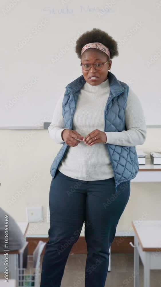 Education, presentation and project with student black woman in ...