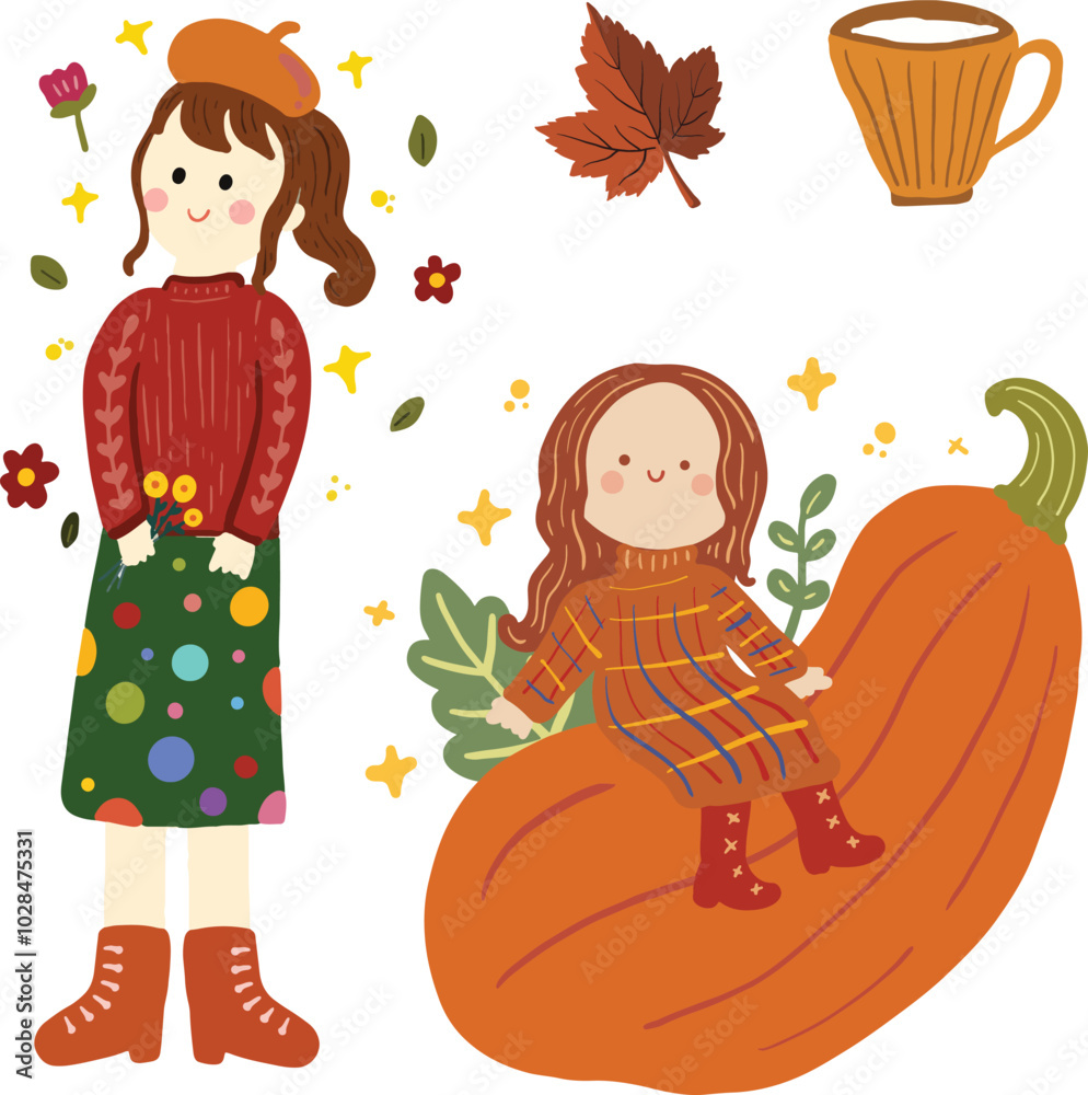 Cozy fall illustration - set of tea cup, cute girl, mapple, pumpkin ...