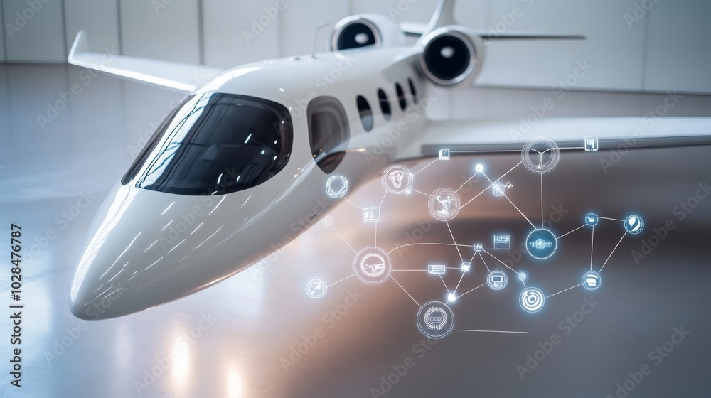 A sleek private jet with advanced technology features shown in a modern ...