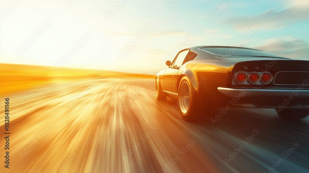 A retro-styled car racing along a futuristic road, heading toward the ...