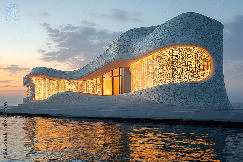 A large white building with a curved roof and a lot of windows. The ...