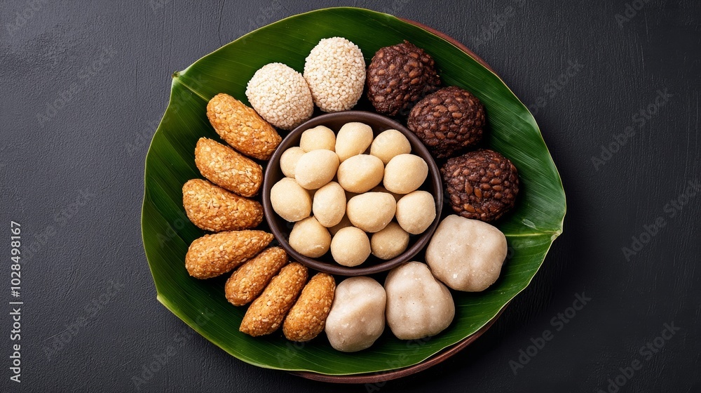 Traditional sweets like tilgul ladoos and chikkis arranged on a banana ...