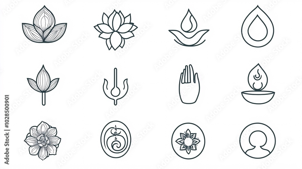 2410_050.a grid of yoga and meditation retreat symbols in minimalist ...