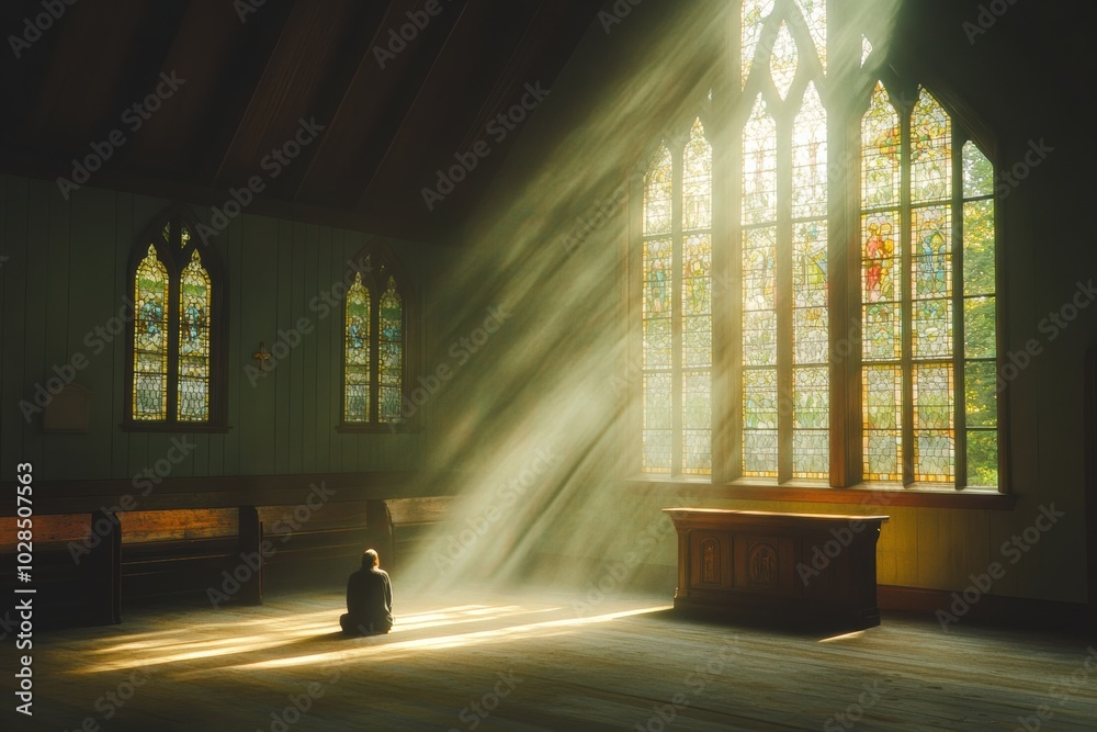 A peaceful Christian chapel in the countryside, with a single person ...