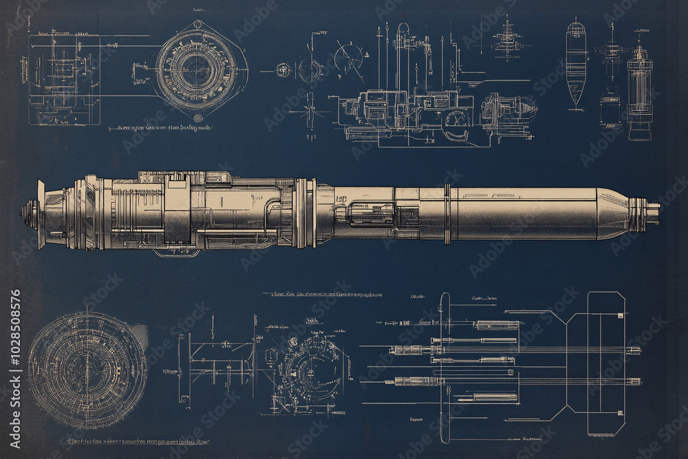 A detailed technical drawing of a rocket component with measurements and annotations set against ...