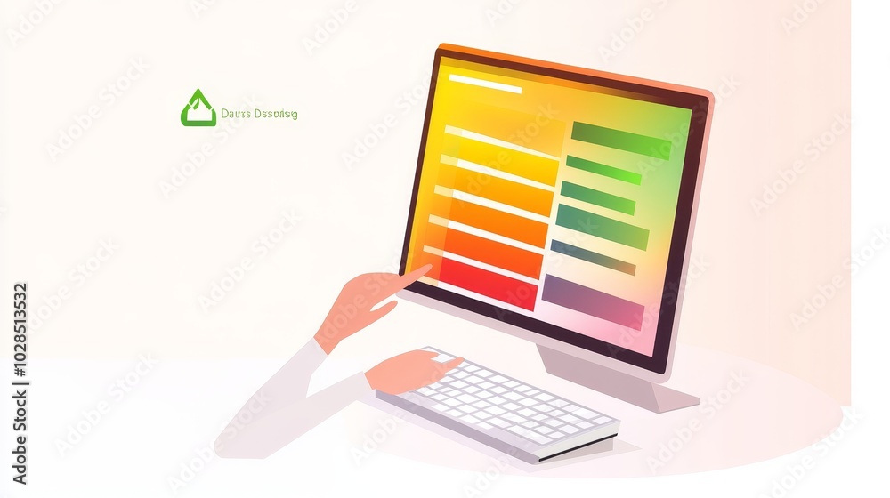 A modern computer screen displaying colorful data charts with a hand navigating through options ...