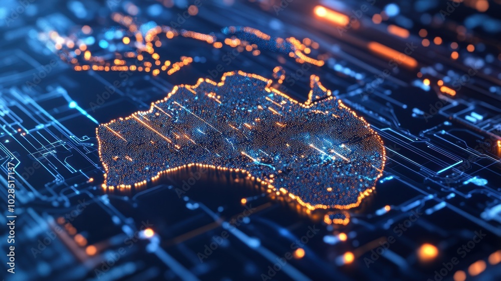Map of the shape of the Australia border on a cyber circuit board in a ...