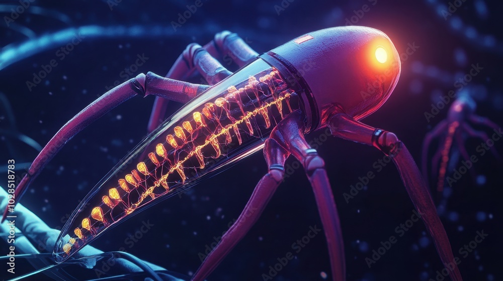 Nanotechnology robot exploring a microscopic environment, representing ...