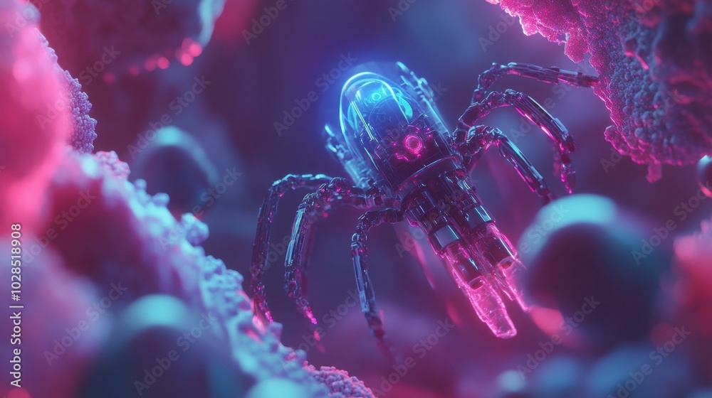 Nanotechnology robot exploring a microscopic environment, representing ...