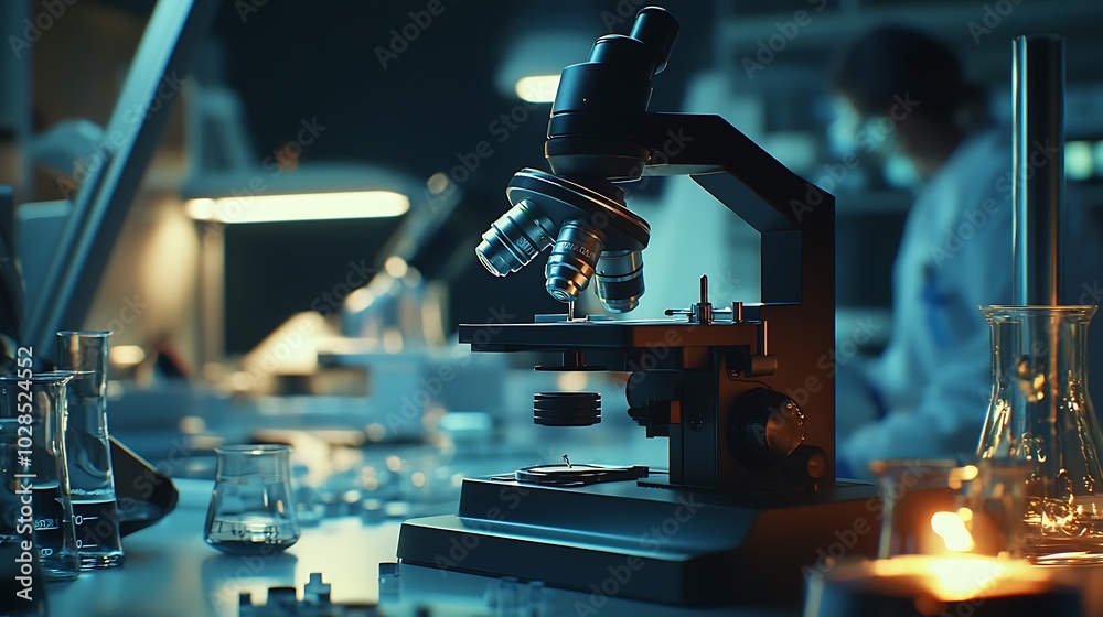 A detailed microscope stands out in a lively lab with researchers ...