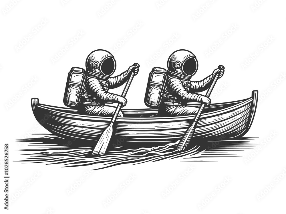 Two Astronauts spacemen rowing in wooden boat sketch engraving raster ...