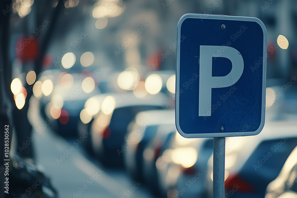 Blue zone city street parking sign with many cars in background, urban ...