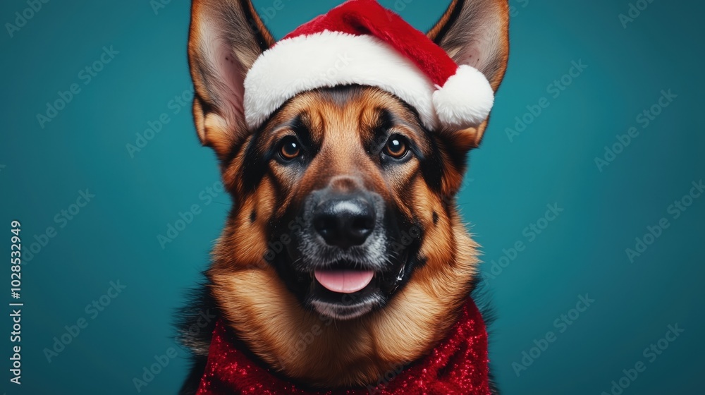Cute and festive portrait of German Shepherd in Santa Claus hat. Most ...