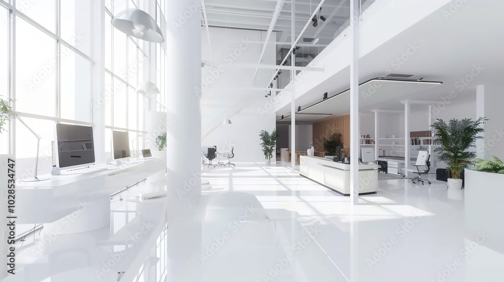 A modern office layout showcasing multiple workstations with sleek ...