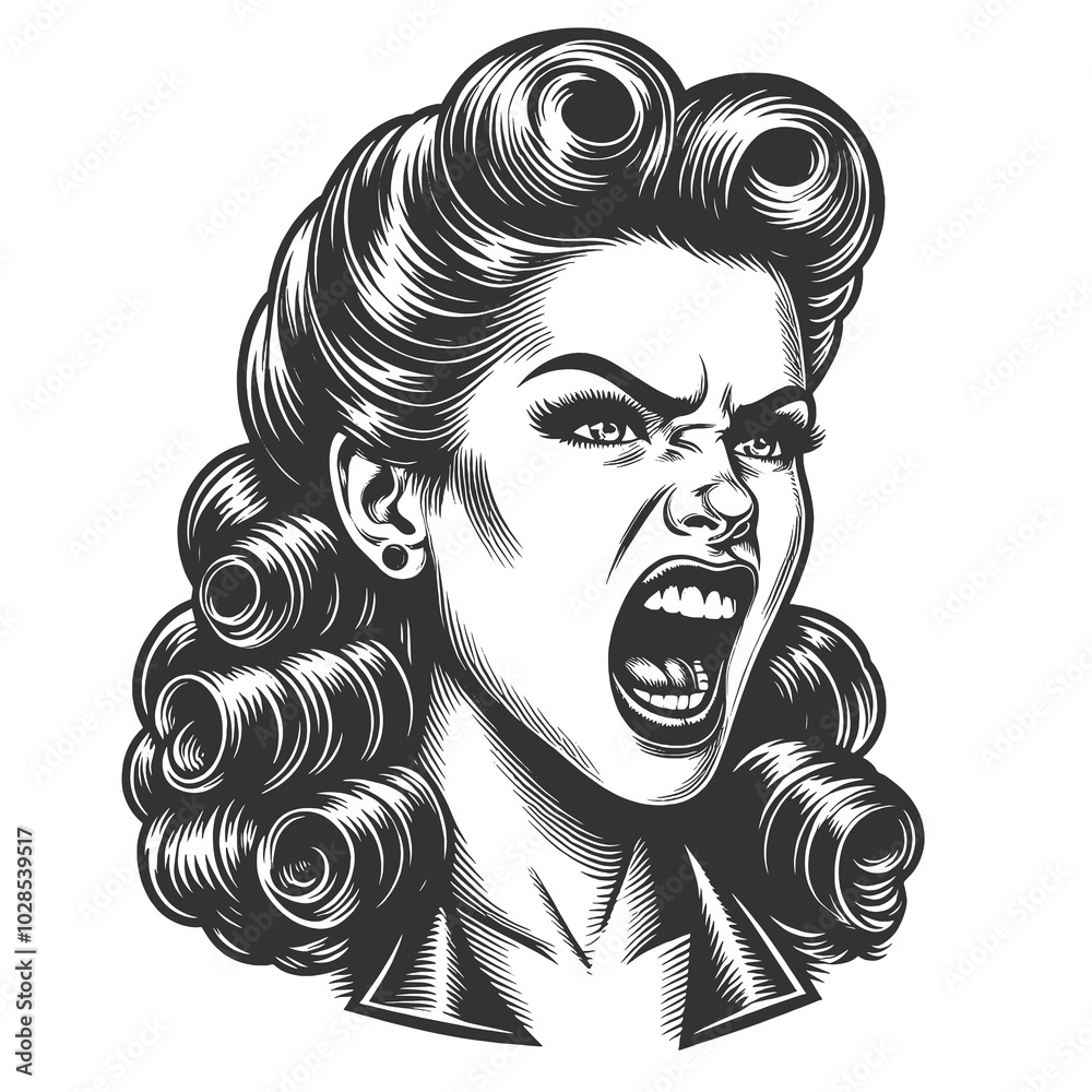 angry woman shouting, detailed facial expressions and vintage hairdo ...