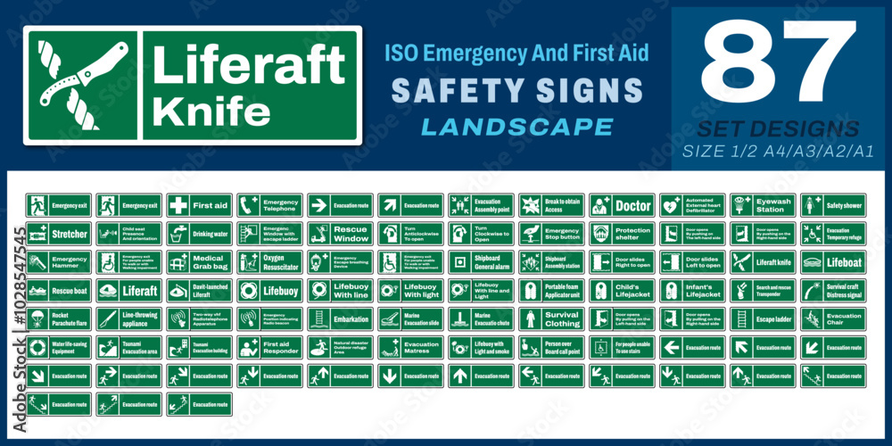87 set iso emergency and first aid safety signs v35_liferaft knife ...