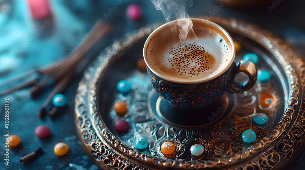 Overhead perspective of a traditional Arabic coffee cup on a decorative ...