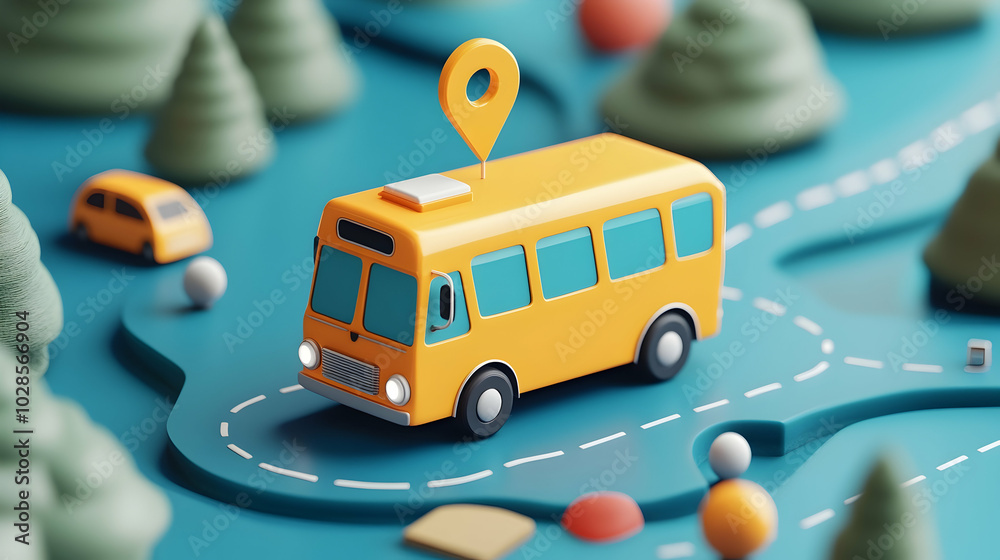 3D cartoon bus illustration featuring route dashed lines and geo pins ...