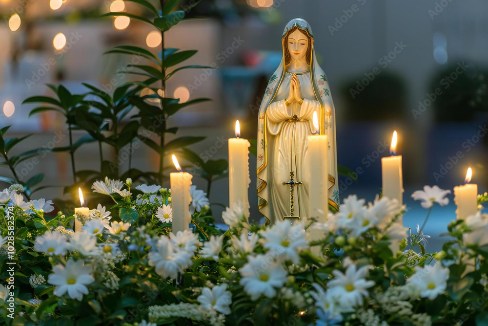 Feast of the Immaculate Conception. A serene image of a candlelit alter ...