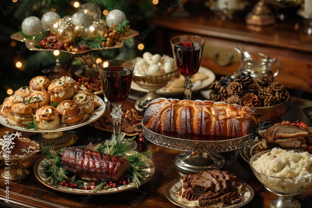 Yule (Pagan/Wiccan holiday). A cozy indoor scene of a Yule feast, with ...