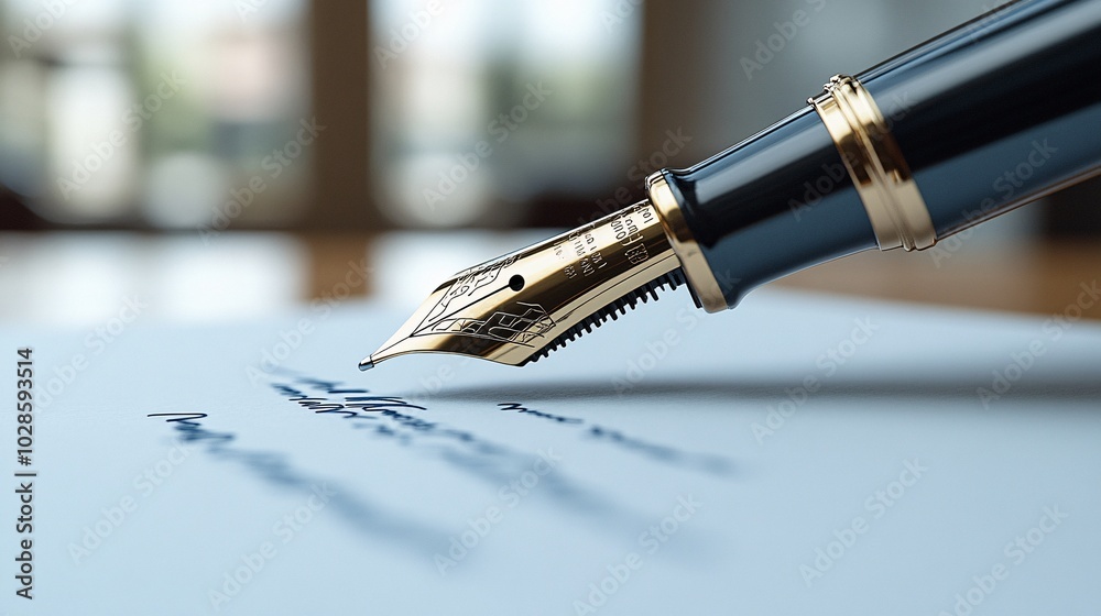 Detailed view of a fountain pen making a signature on paper ...