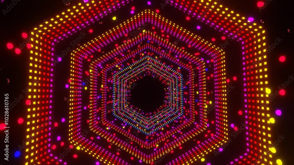 3d animated VJ loop background of futuristic infinity hexagonal tunnel with colorful neon lights ...