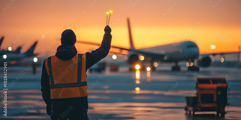 Airport ground crew member guiding an airplane during sunset with ...