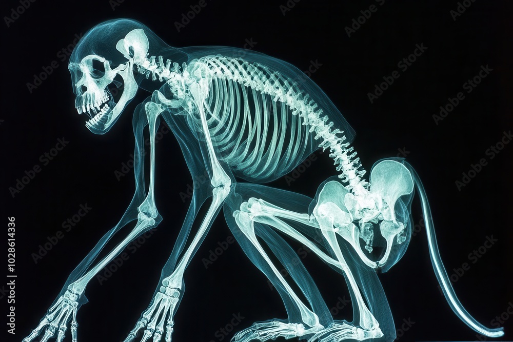 Glowing X-ray of a monkey's skeleton, showcasing intricate bone ...