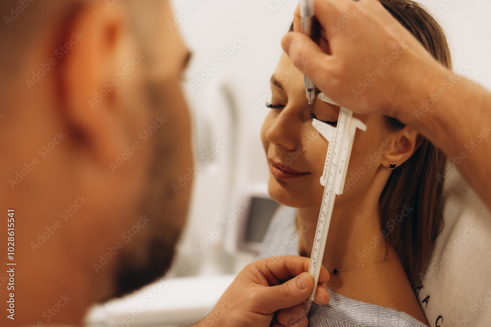 Blepharoplasty markup close-up on the face before the plastic surgery ...